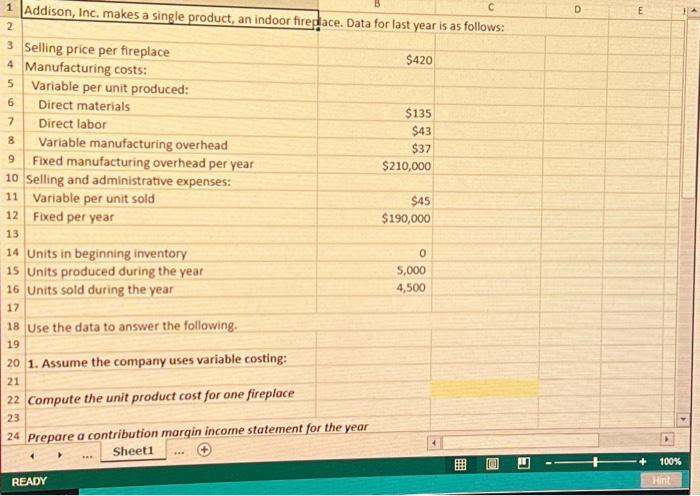 Solved Variable and Absorption Costing using Excel's SUM and | Chegg.com
