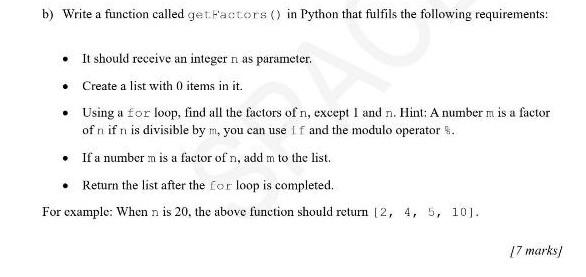 Solved b) Write a function called get factors in Python that | Chegg.com