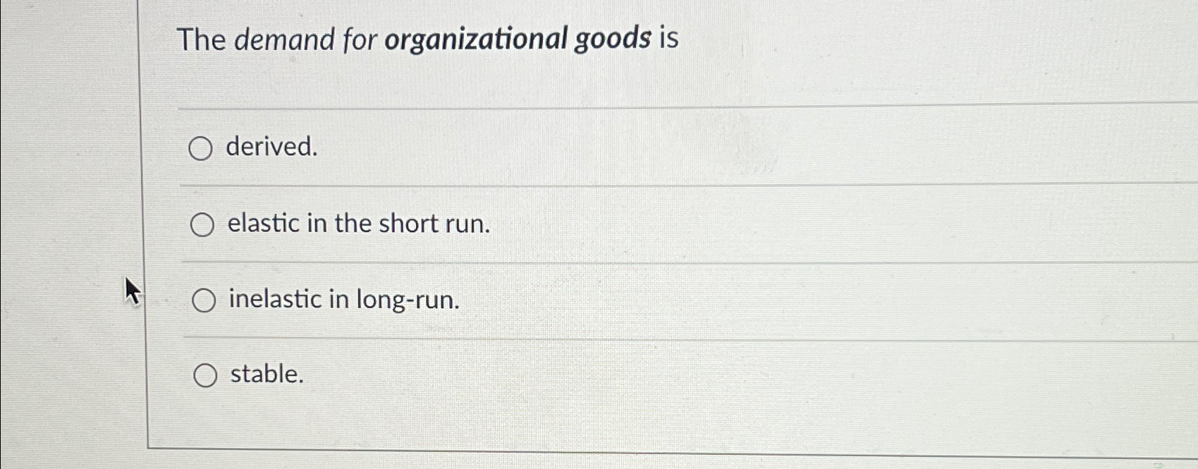 The demand for organizational goods isderived.elastic | Chegg.com