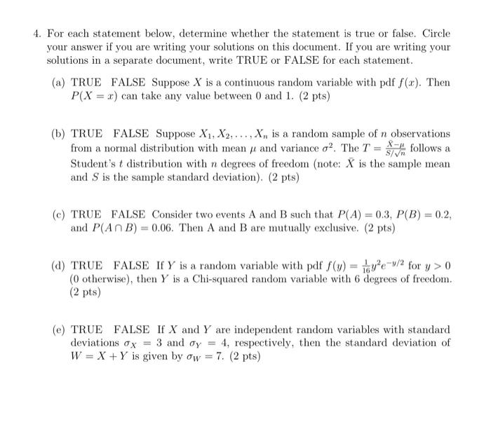 Solved 4. For each statement below, determine whether the | Chegg.com