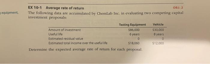 Solved EX 10-1 Average rate of return OBJ. 2 equipment, The | Chegg.com