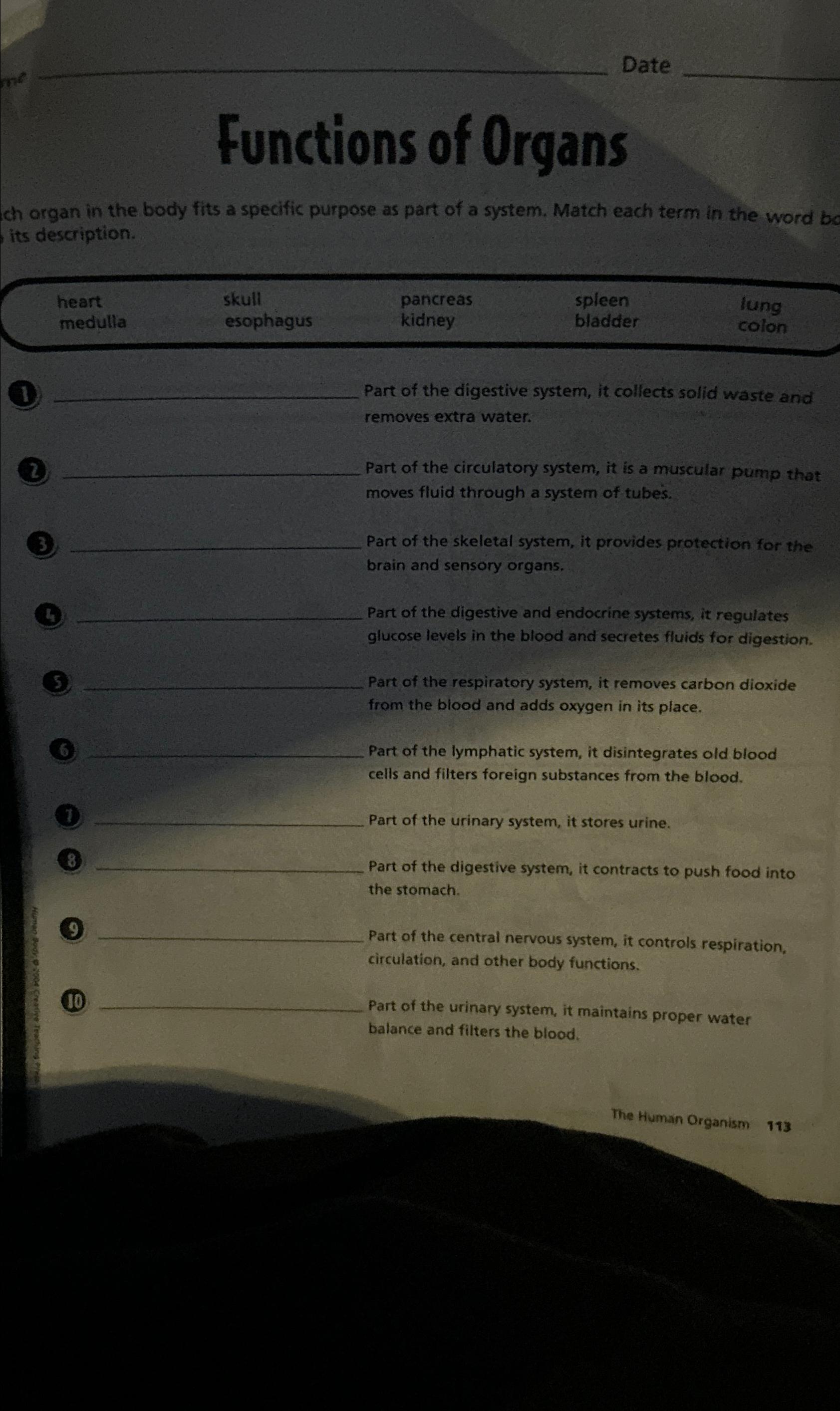 Solved Date\\nFunctions of Organs\\nch organ in the body | Chegg.com