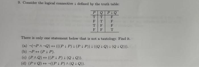 Solved 9. Consider the logical connective defined by the | Chegg.com