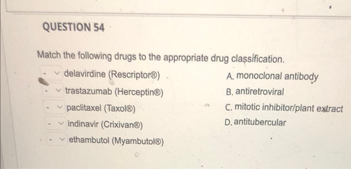 Solved QUESTION 54 Match the following drugs to the | Chegg.com