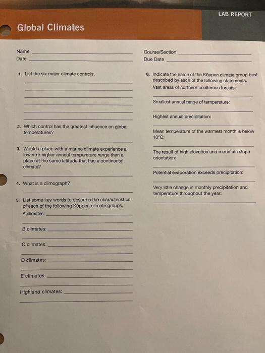 Solved LAB REPORT Global Climates Name Date Course/Section | Chegg.com