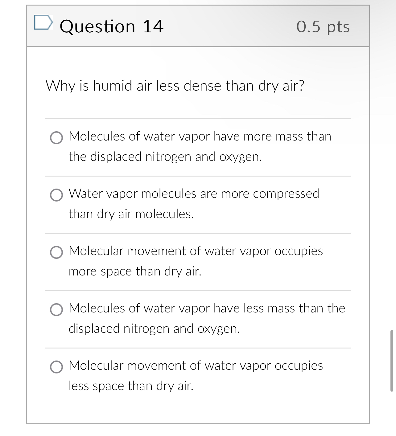 Solved Question 140.5 ﻿ptsWhy is humid air less dense than | Chegg.com