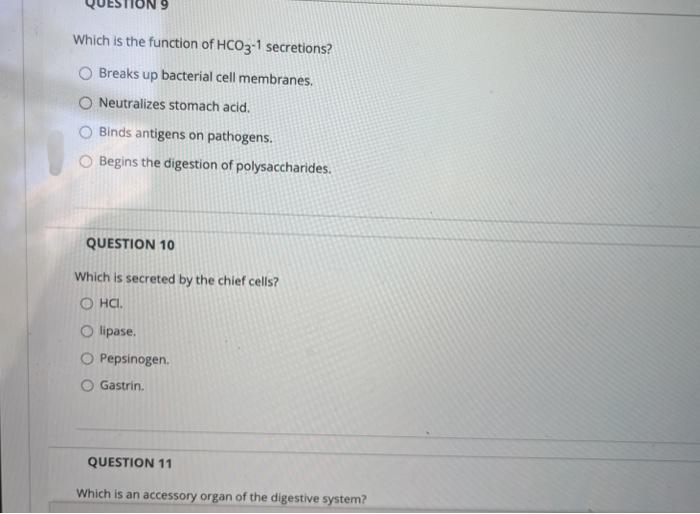 Solved Which is the function of HCO3-1 secretions? Breaks up | Chegg.com