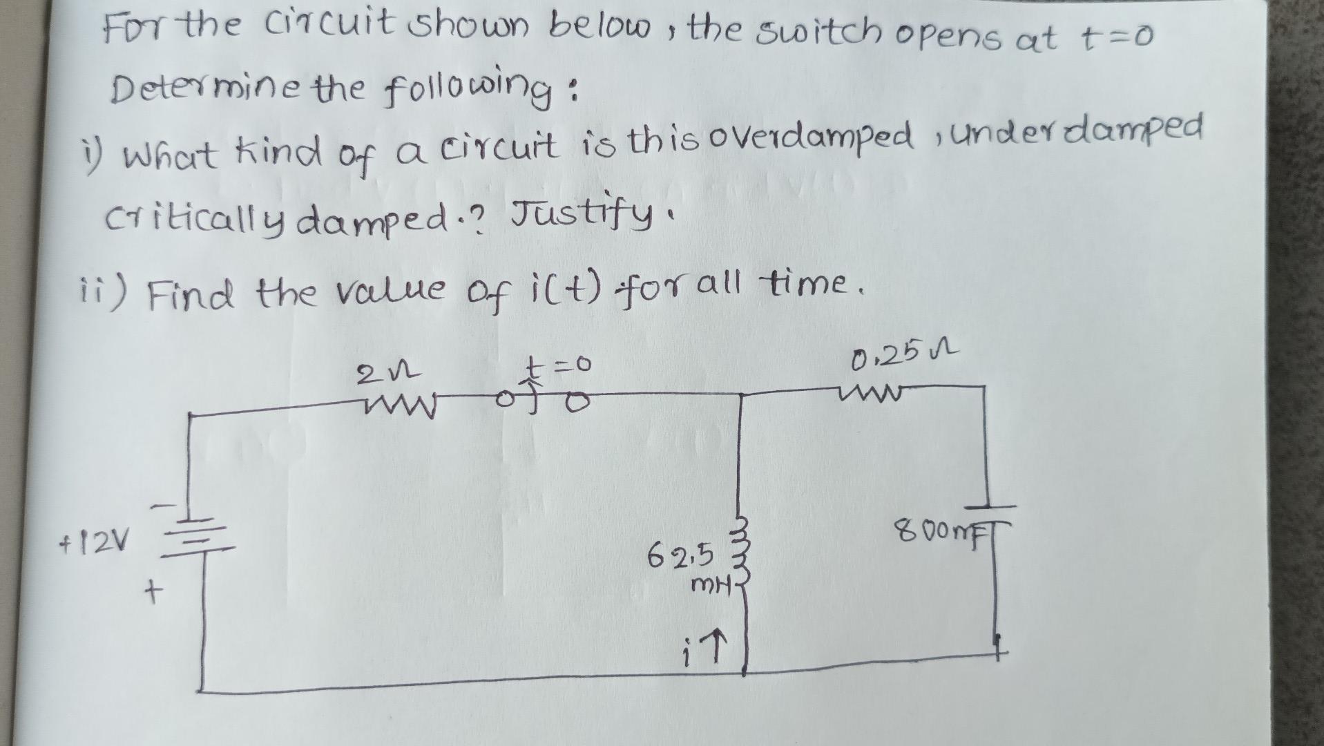 Solved For the circuit shown below, the switch opens at t=0 | Chegg.com