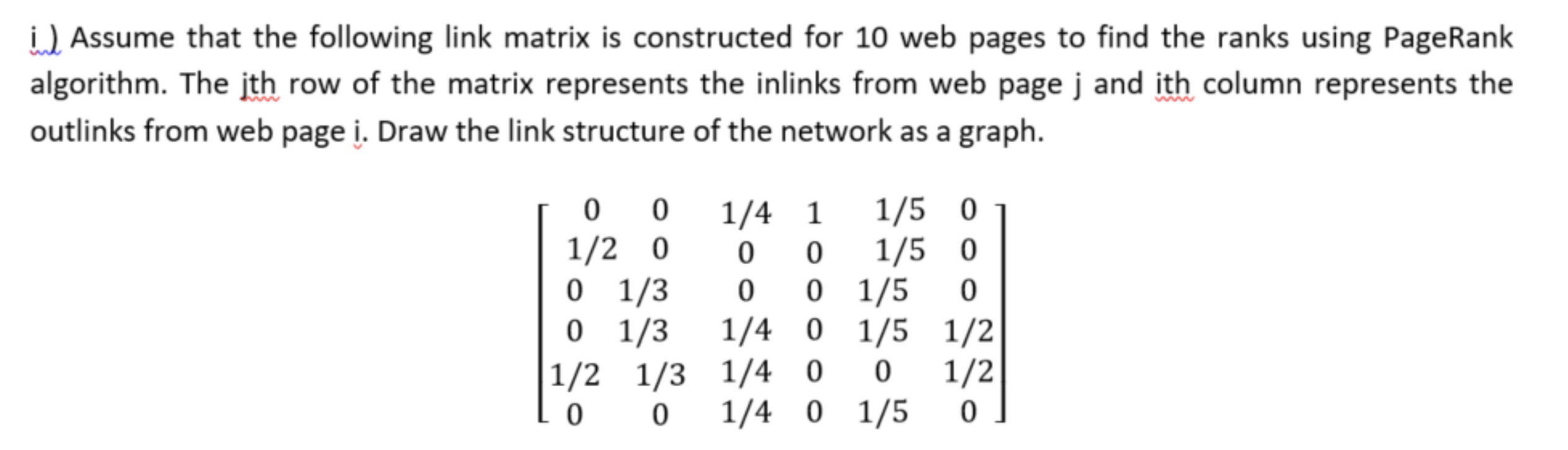 i) ﻿Assume that the following link matrix is | Chegg.com