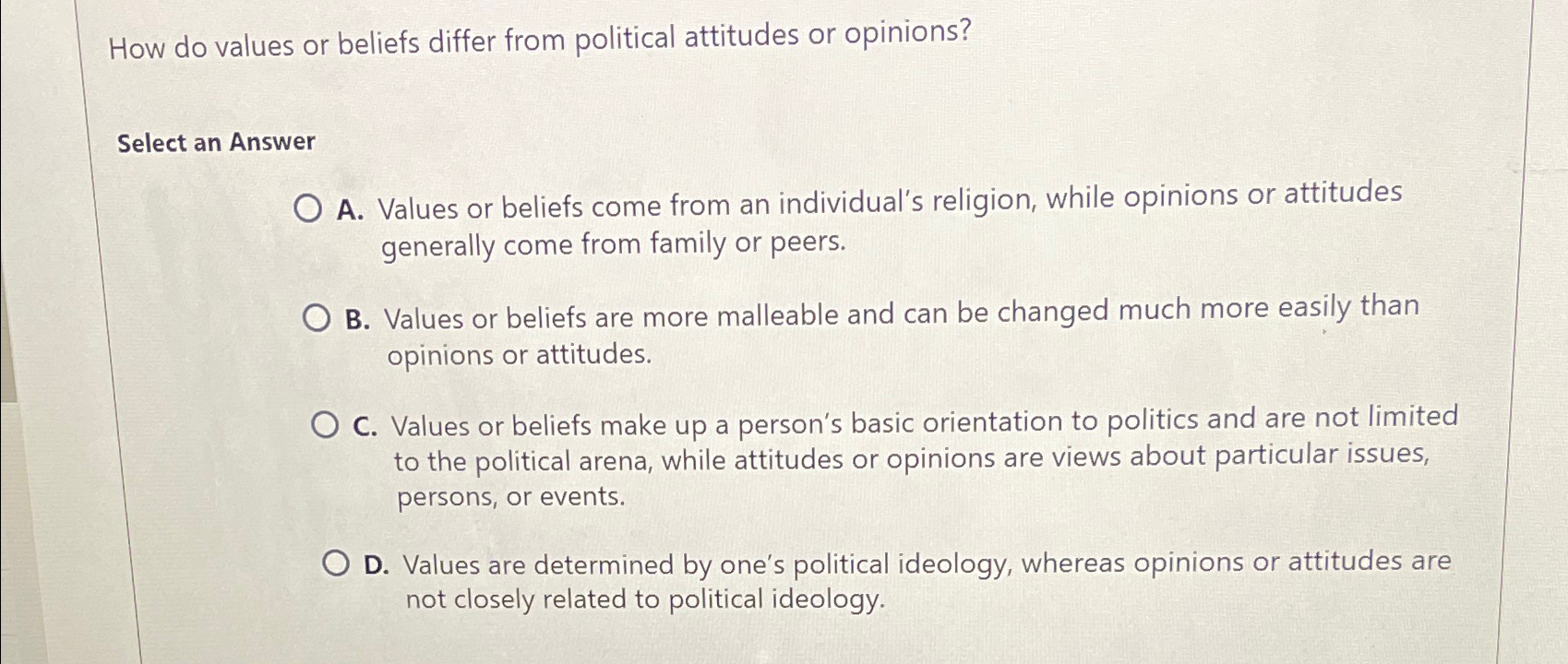 Solved How do values or beliefs differ from political | Chegg.com