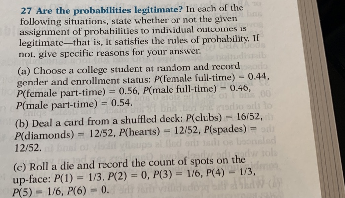 Solved 27 Are the probabilities legitimate? In each of the | Chegg.com