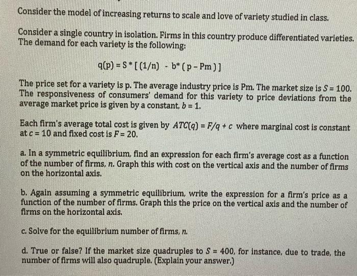 Solved Consider the model of increasing returns to scale and | Chegg.com