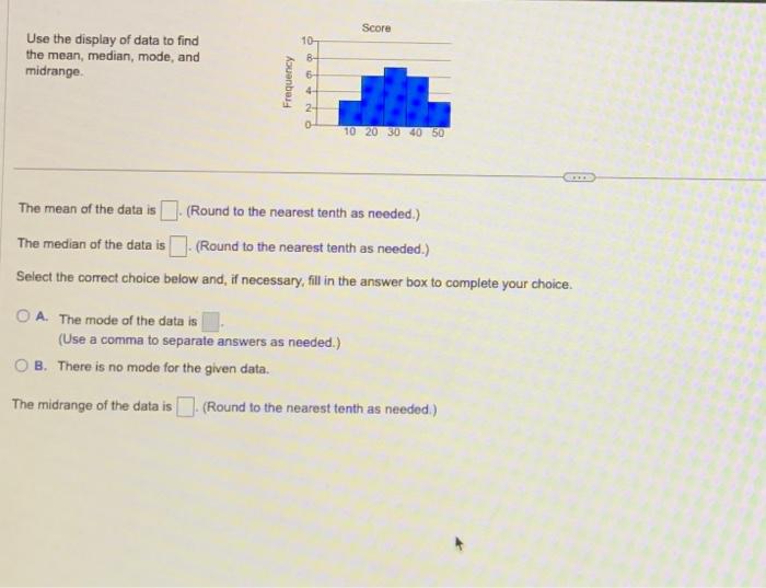 Solved Use the display of data to find the mean, median, | Chegg.com