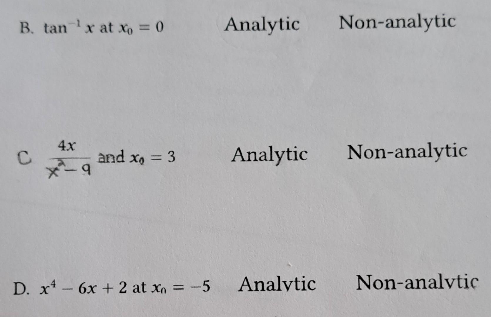 Solved For each function, indicate whether it is analytic or | Chegg.com