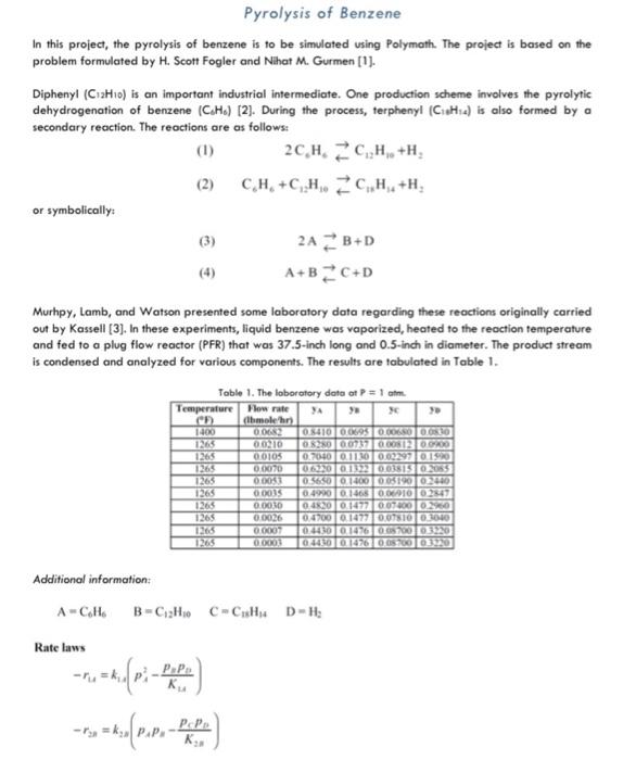 Pyrolysis of Benzene In this project, the pyrolysis | Chegg.com