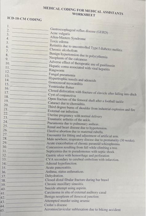 Solved MEDICAL, CODING FOR MEDICAL. ASSISTANTS WORKSHEET | Chegg.com