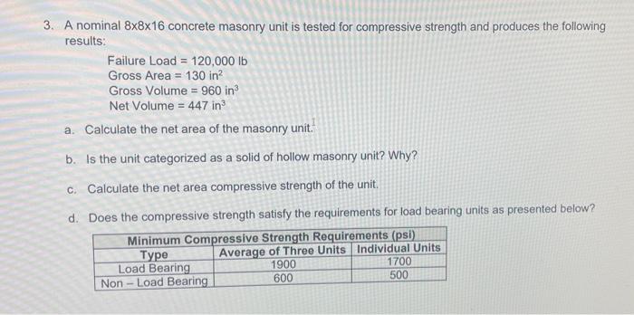 Solved 3. A nominal 8×8×16 concrete masonry unit is tested | Chegg.com