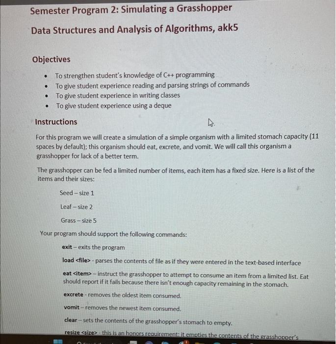 Solved Semester Program 2: Simulating a Grasshopper Data | Chegg.com