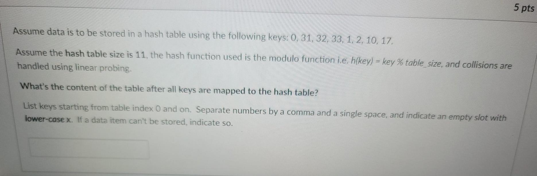 Solved 5 pts Assume data is to be stored in a hash table | Chegg.com