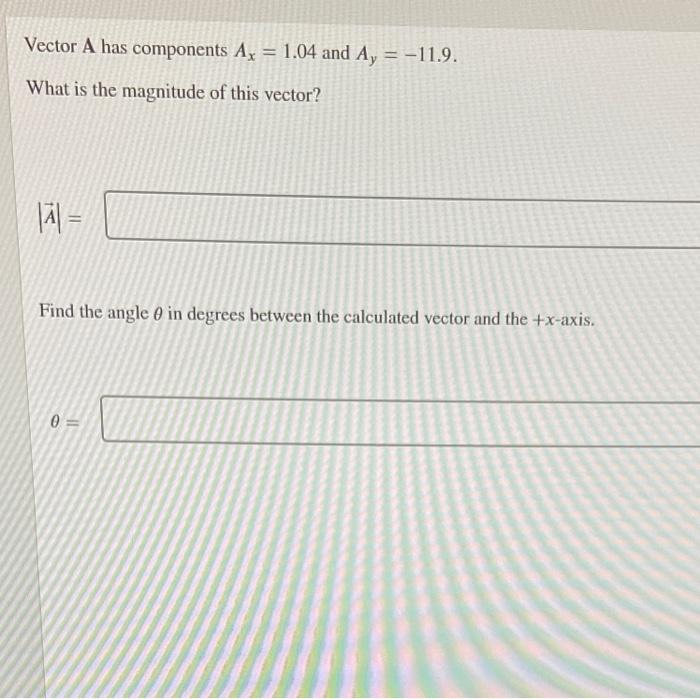 Solved Vector A has components Ax = 1.04 and Ay = -11.9. | Chegg.com