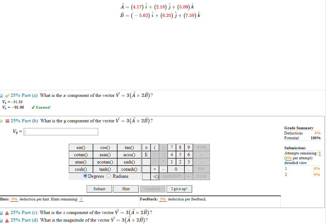 Solved What is the y component of the vector V⃗ =3(A⃗ \times | Chegg.com