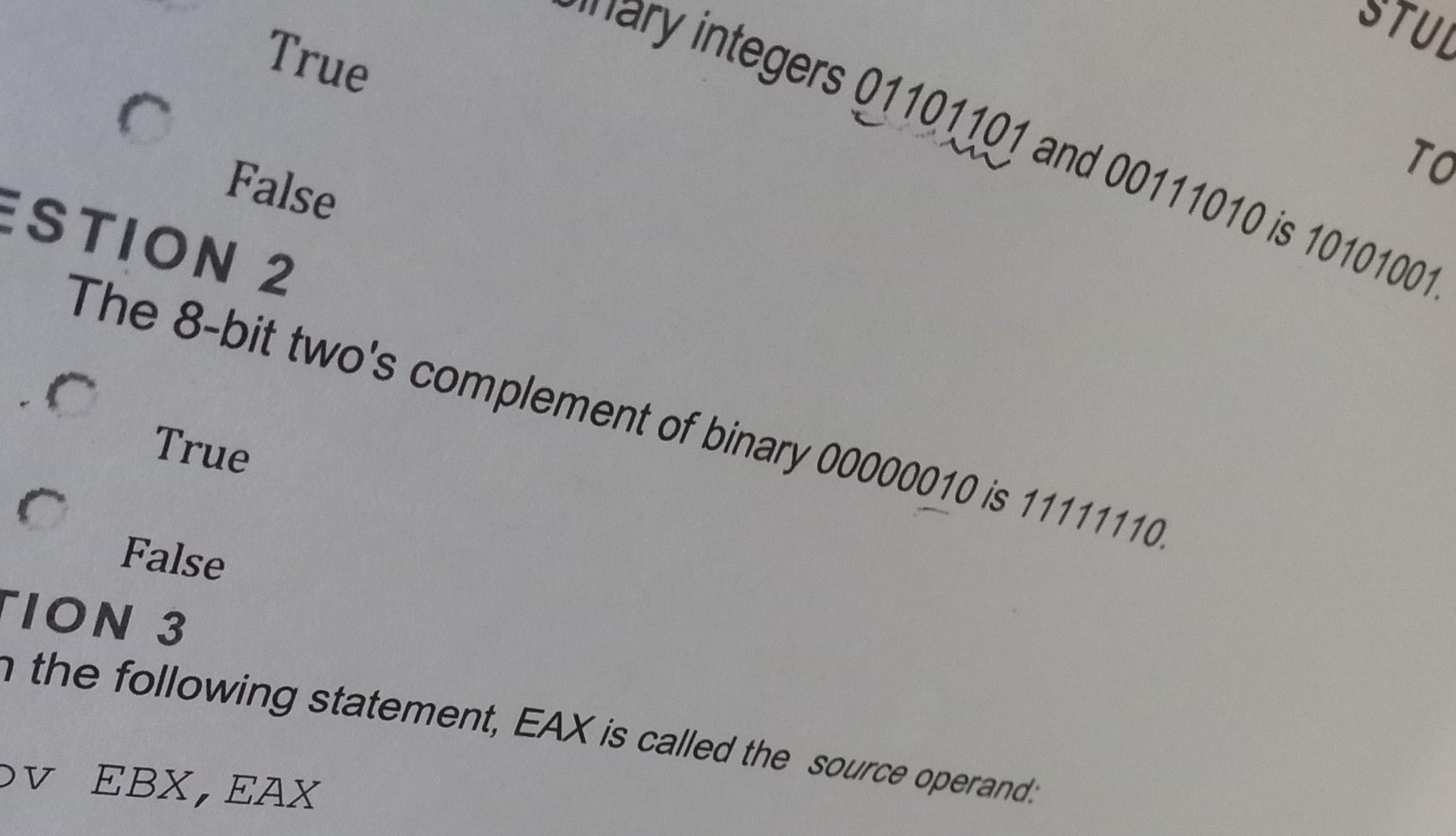 Solved True TUL ry integers 01101101 and 00111010 is | Chegg.com