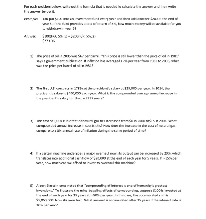 Solved For each problem below, write out the formula that is | Chegg.com