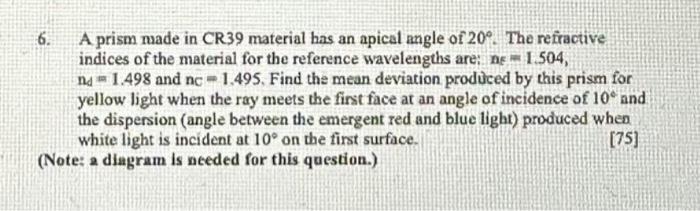 Solved 6. A prism made in CR39 material has an apical angle | Chegg.com