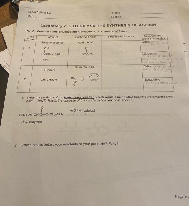 Solved Laboratory 7: ESTERS AND THE SYNTHESIS OF ASPIRIN | Chegg.com