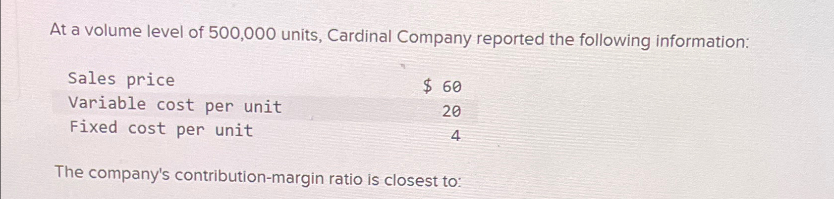 Solved At a volume level of 500,000 ﻿units, Cardinal Company | Chegg.com