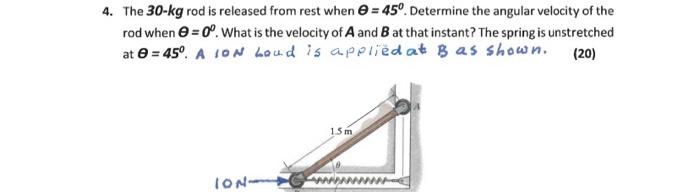 Solved 4. The 30-kg rod is released from rest when = 45°. | Chegg.com