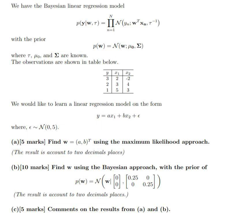 Solved We have the Bayesian linear regression model p(y|w, | Chegg.com