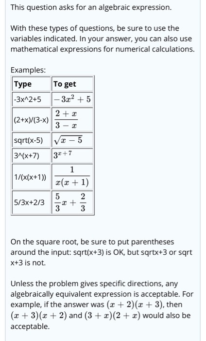 Solved This question asks for an algebraic expression. With | Chegg.com