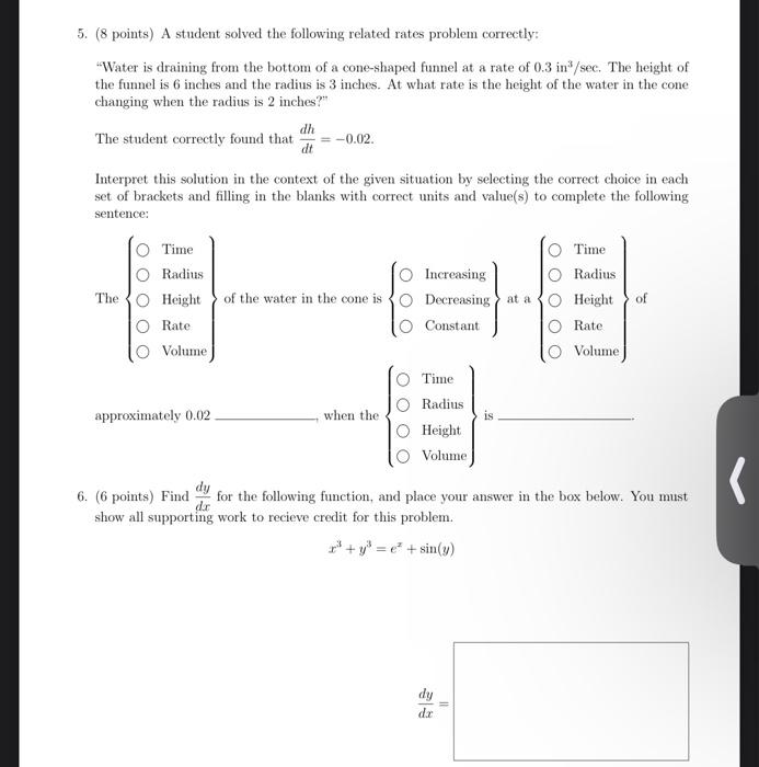 Solved 5. (8 points) A student solved the following related | Chegg.com