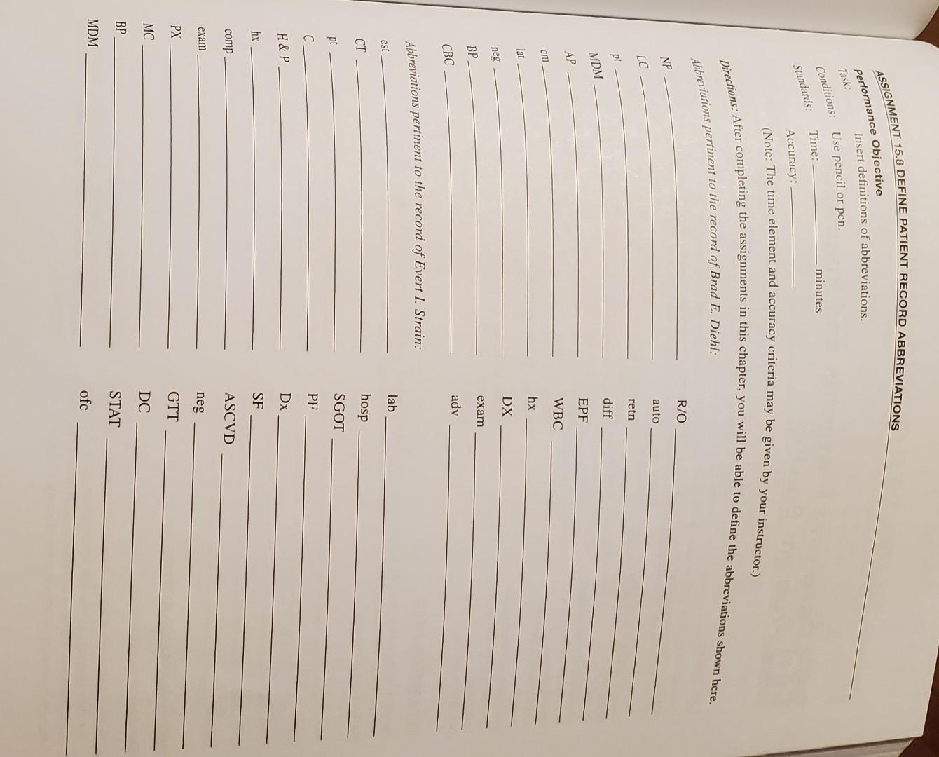 Solved ASSIGNMENT 15.8 DEFINE PATIENT RECORD ABBREVIATIONS | Chegg.com