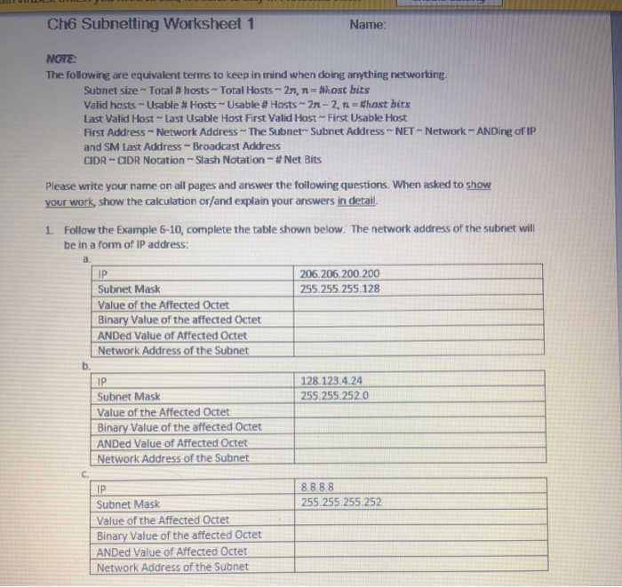 Solved Ch6 Subnetting Worksheet 1 Name: NOTE: The following | Chegg.com