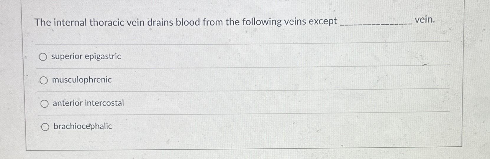 Solved The internal thoracic vein drains blood from the | Chegg.com