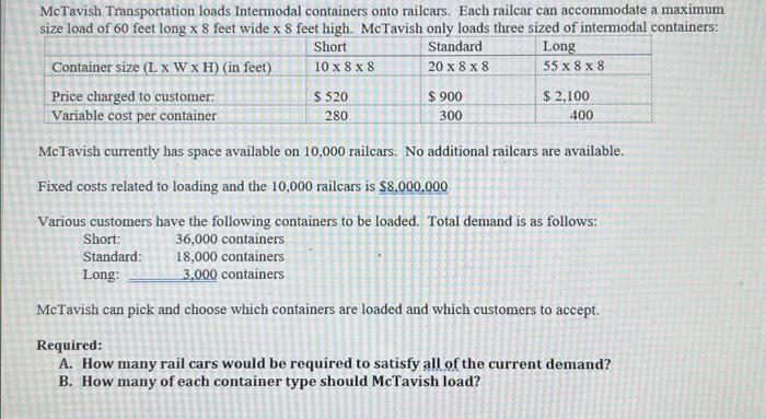 Solved McTavish Transportation loads Intermodal containers | Chegg.com