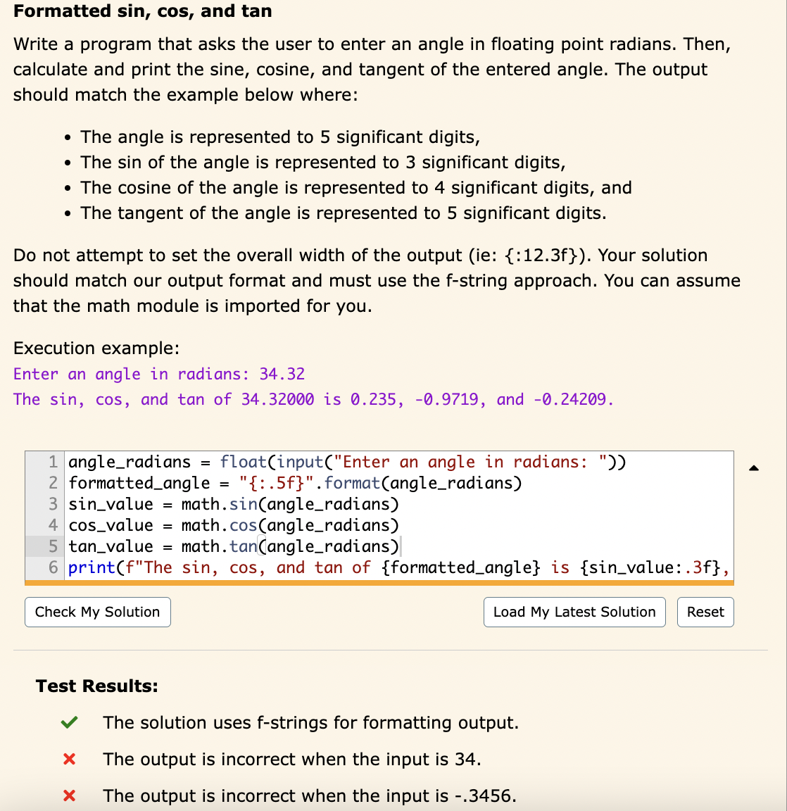 Solved Test Results:The solution uses f-strings for | Chegg.com