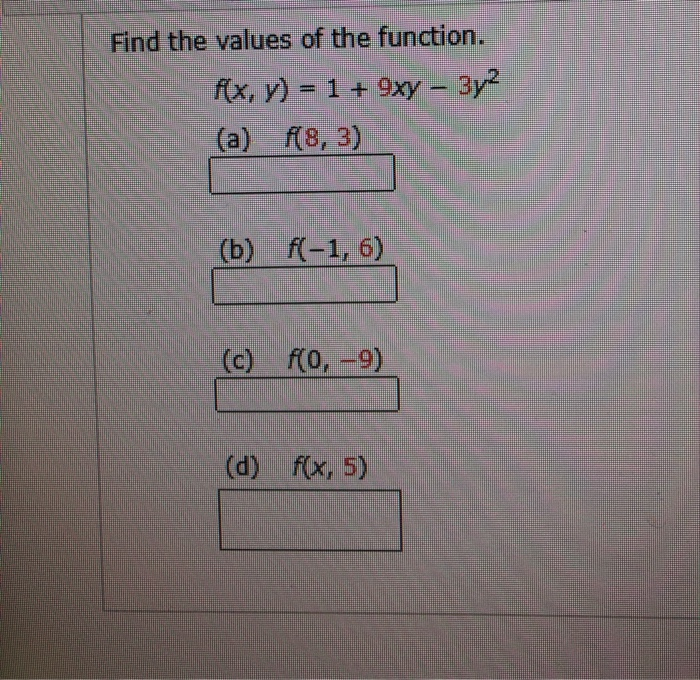 Solved Find the values of the function. f(x, y) = 1 + 9xy – | Chegg.com