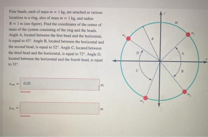 Solved M Four beads, each of mass m = 1 kg, are attached at | Chegg.com