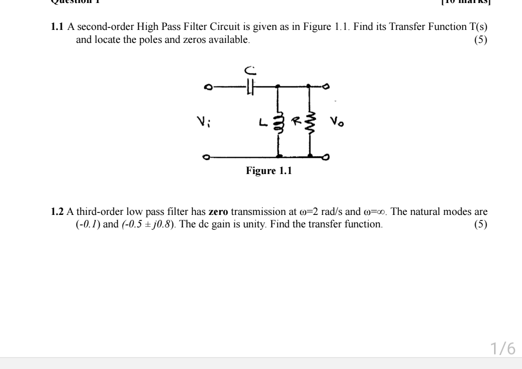 Solved 1.21.1 ﻿A second-order High Pass Filter Circuit is | Chegg.com