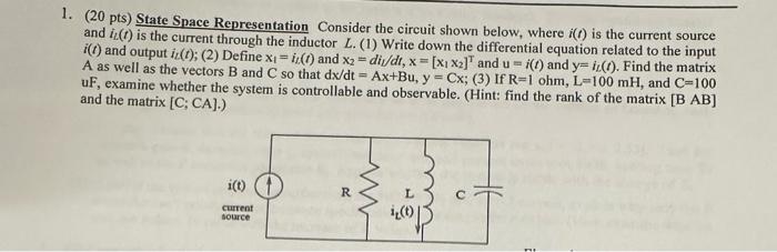Solved 20 Pts State Space Representation Consider The
