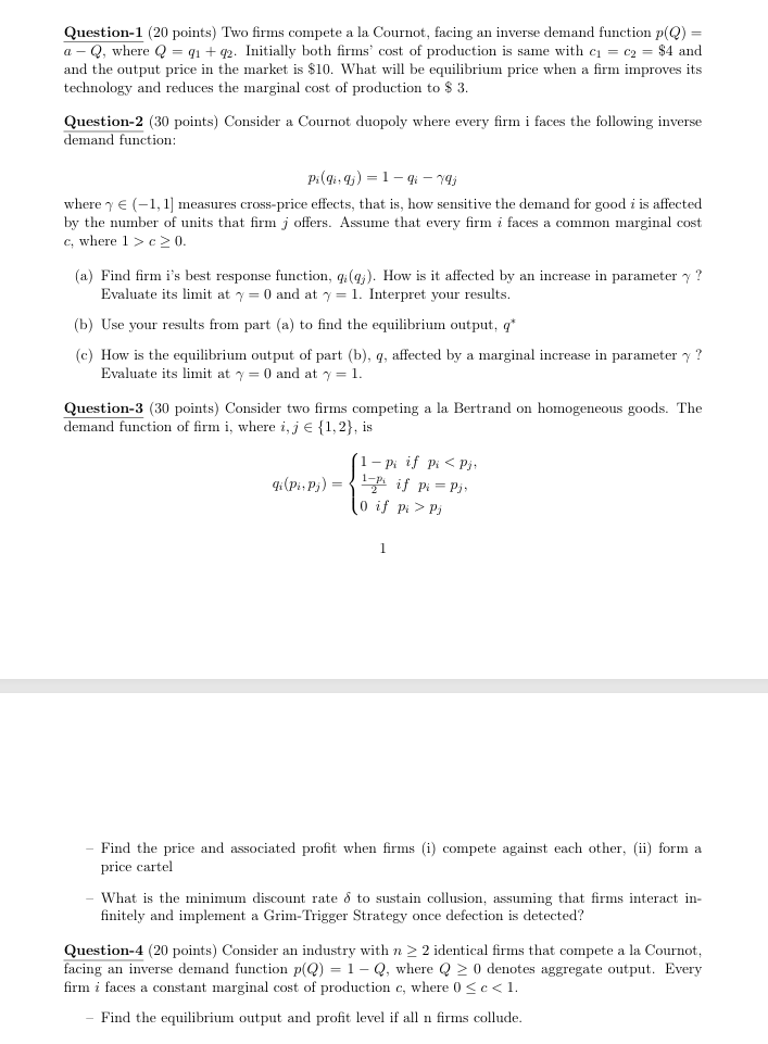 Solved Question-1 (20 ﻿points) ﻿Two firms compete a la | Chegg.com