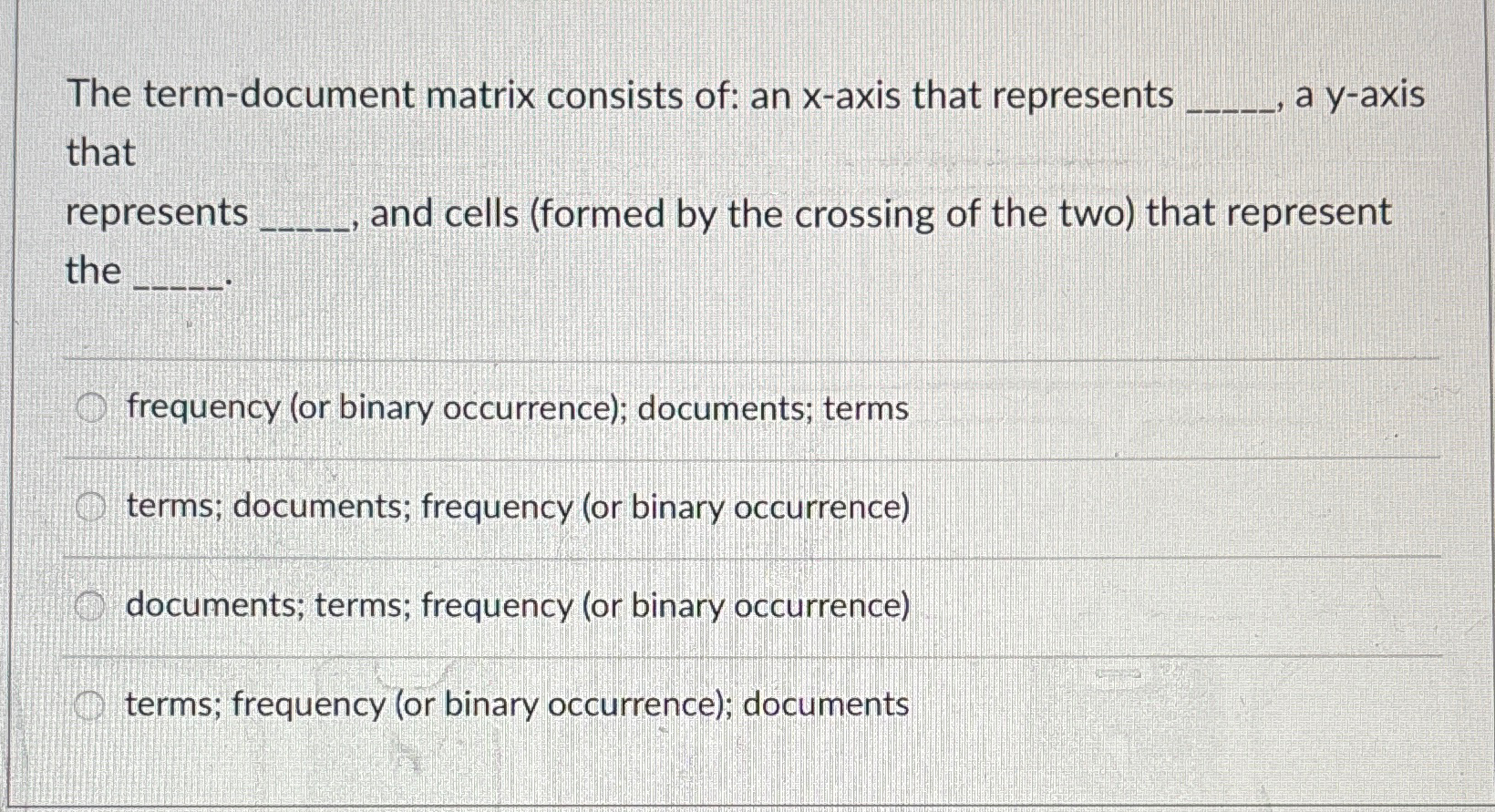 Solved The term-document matrix consists of: an x-axis that | Chegg.com