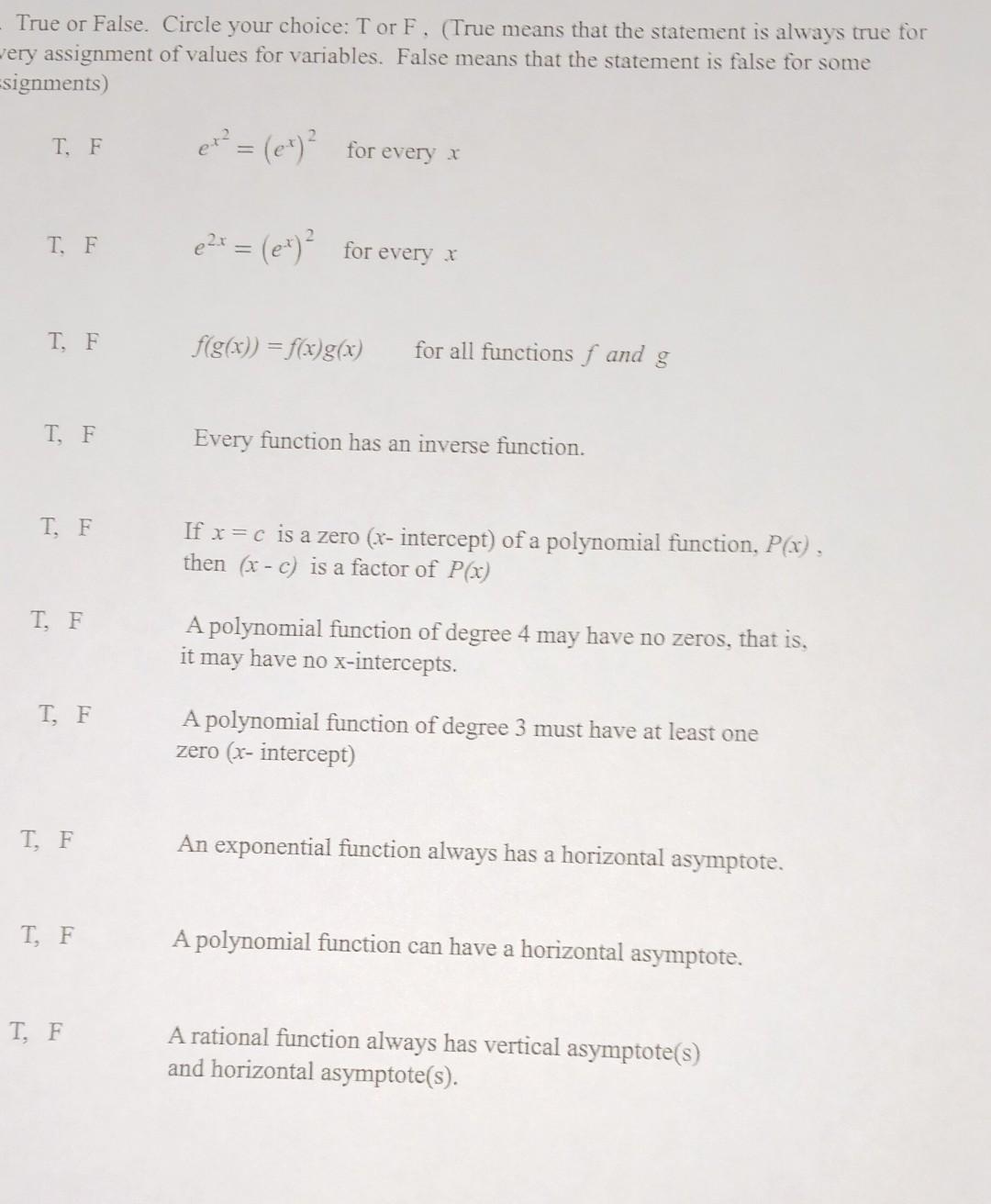Solved True or False. Circle your choice: T or F, (True | Chegg.com