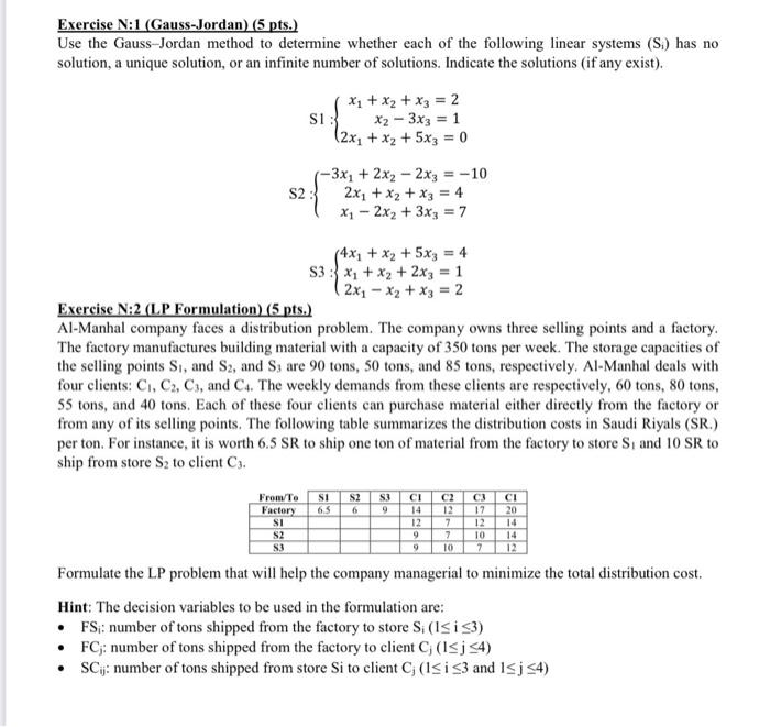 Solved Exercise N:1 (Gauss-Jordan) (5 pts.) Use the | Chegg.com