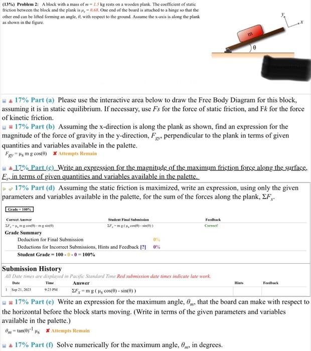 Solved (13\%) Problem 2: A block with a mass of m=1.5 kg | Chegg.com