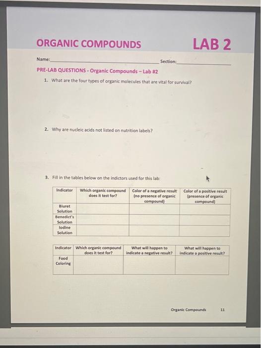 Solved ORGANIC COMPOUNDS LAB 2 Name: Section PRE-LAB | Chegg.com