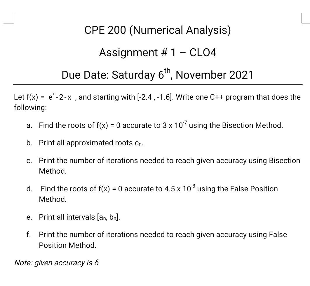 Solved CPE 200 (Numerical Analysis) Assignment #1 - CLO4 Due | Chegg.com